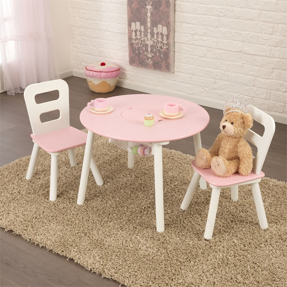 KidKraft Round Storage Table and 2 Chair Set, Pink and White ...