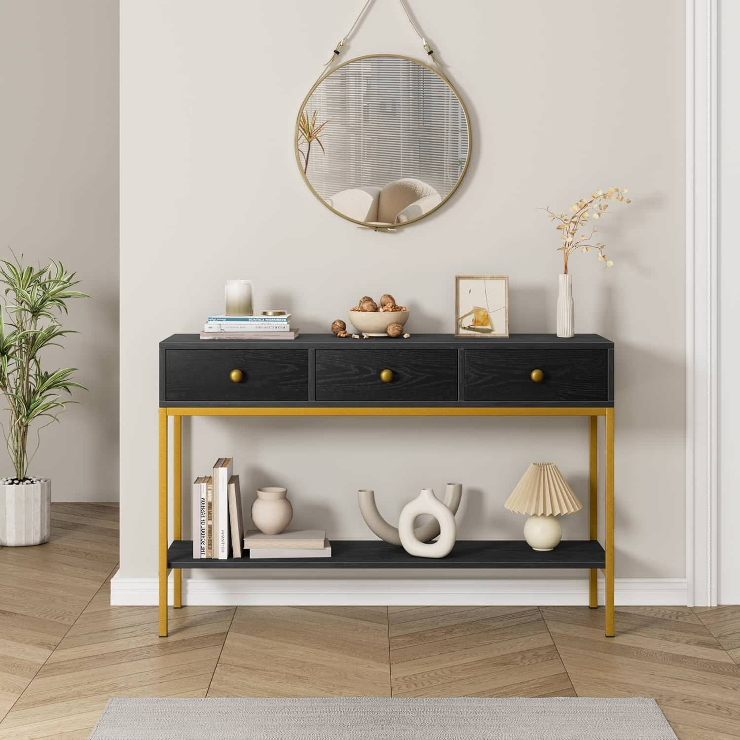 Modern Console Table, Golden Metal Frame & 3 Drawers With Rounded Knobs ...