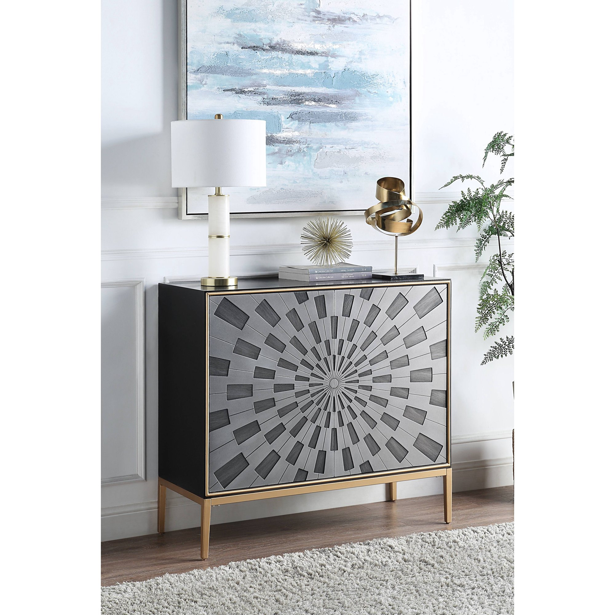 Unique Console Table, Golden Base & 2 Cabinet Doors With Two Tone Burst ...