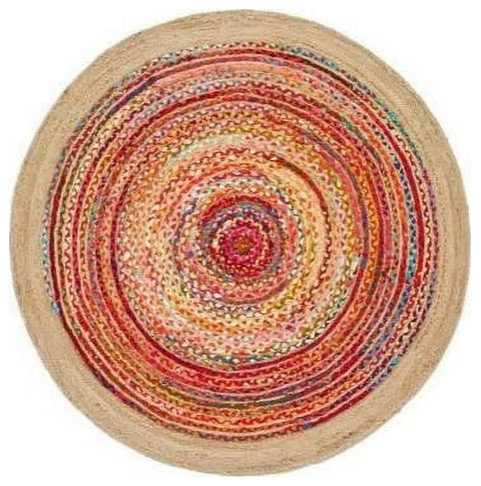 Handmade Multicolored Cotton and Jute Round Rug with Braided Design, 6 ...