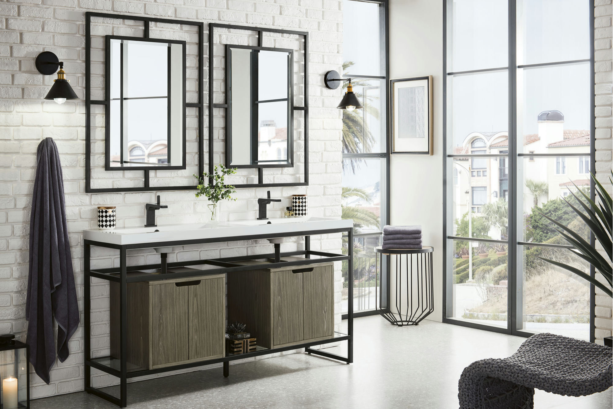 Boston 63" Sink Console Black w/Ash Gray Storage Cabinet White ...