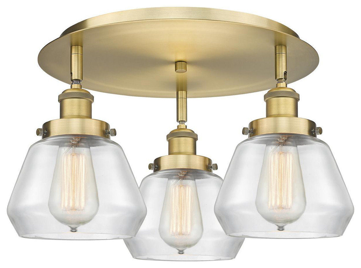 Fulton 3 Light Flush Mount, Brushed Brass, Clear - Industrial - Flush ...