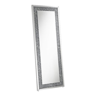 Pemberly Row Modern Silver Glass Crystal Inlay Rectangle Floor Mirror ...