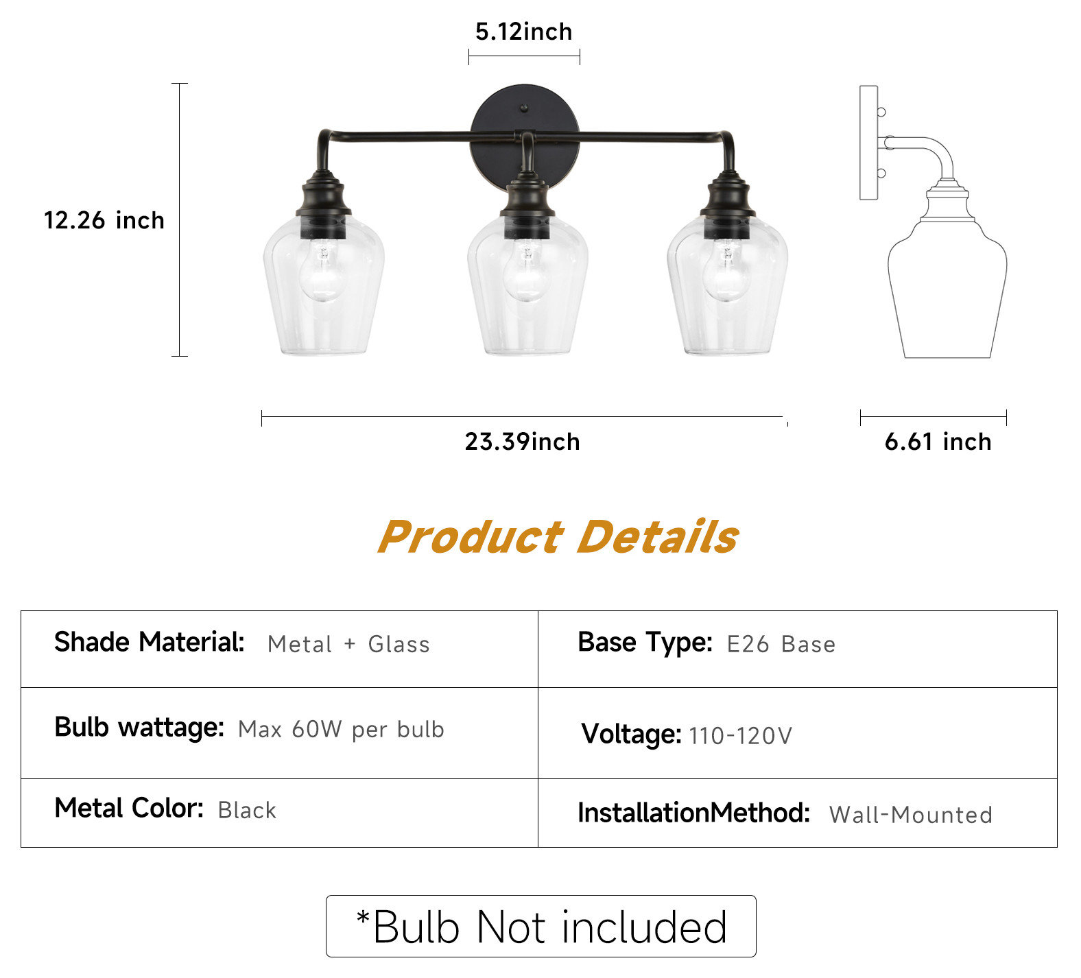 3 Light Fixture Wall Sconce Vanity Light Black Metal and Glass ...