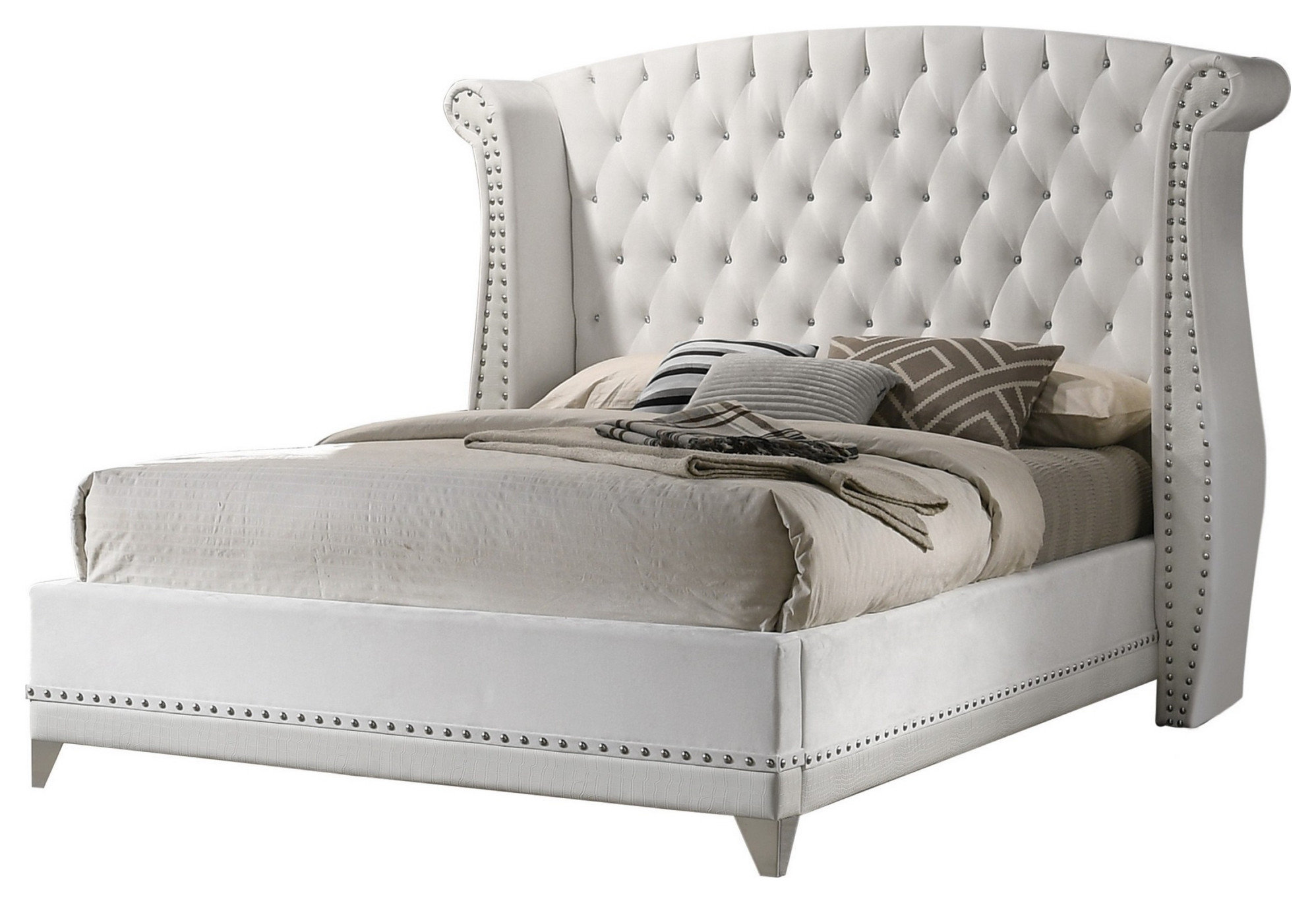 Dini Wingback Queen Bed, Crystal Button Tufting, White Velvet ...