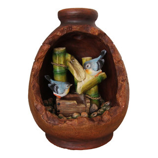 Birds Nesting on Bamboo in Jar Water Fountain - Asian - Indoor ...