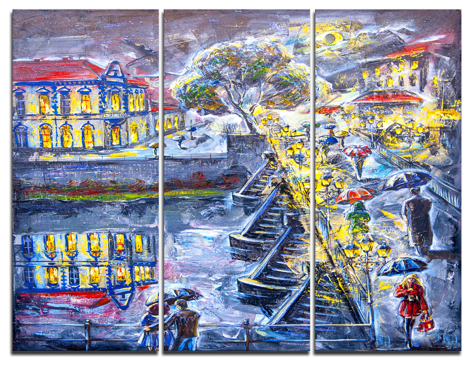 "City at Night Graphics Art" Cityscape Canvas Artwork, 36"x28" 3 Panel ...