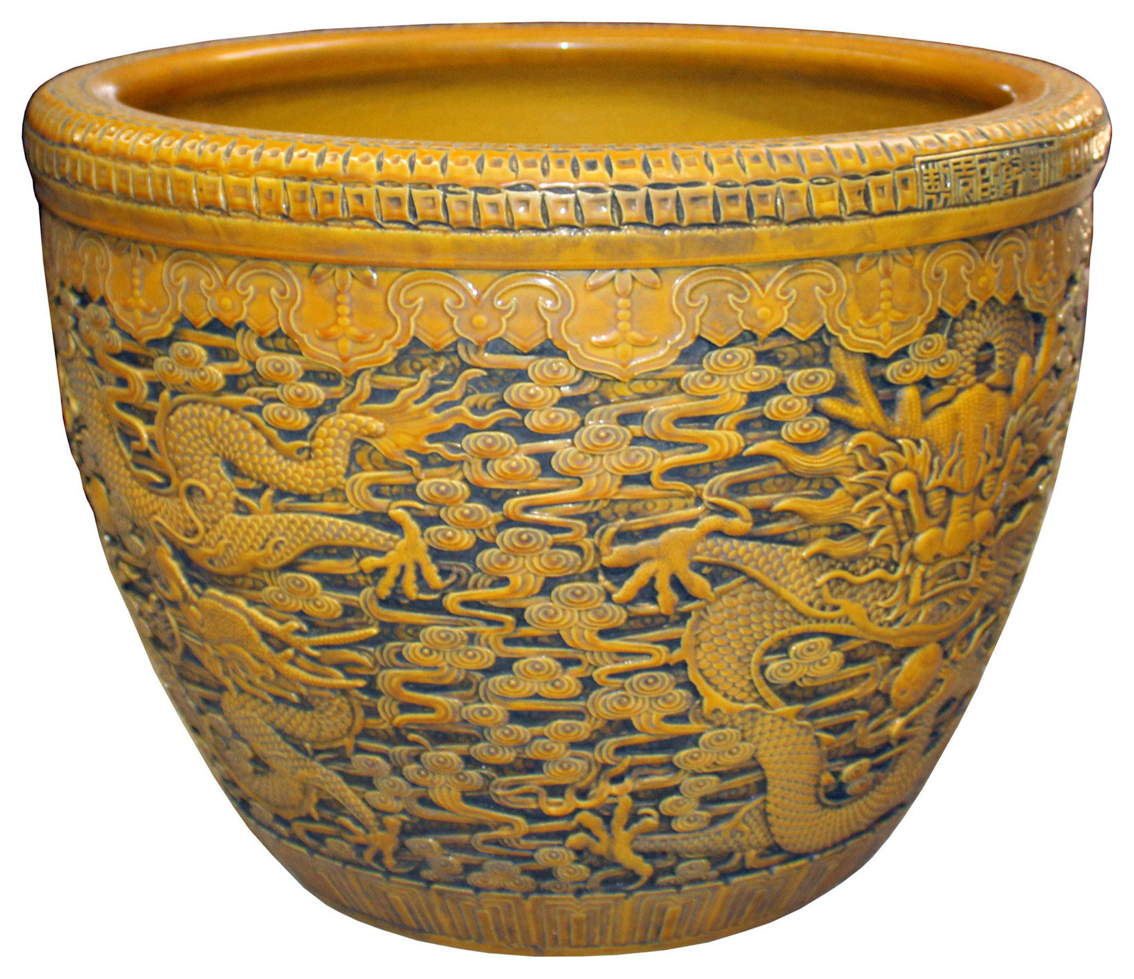 Chinese Ceramic Dragons Relief Motif Yellow Brown Color Pot Planter ...