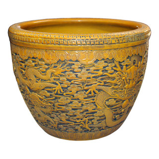 Chinese Ceramic Dragons Relief Motif Yellow Brown Color Pot Planter ...