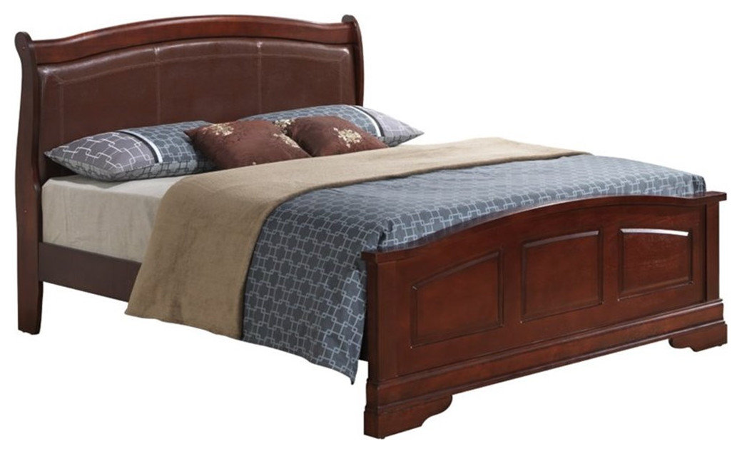 Maklaine Traditional styled Wood Queen Panel Bed in Cherry Finish ...