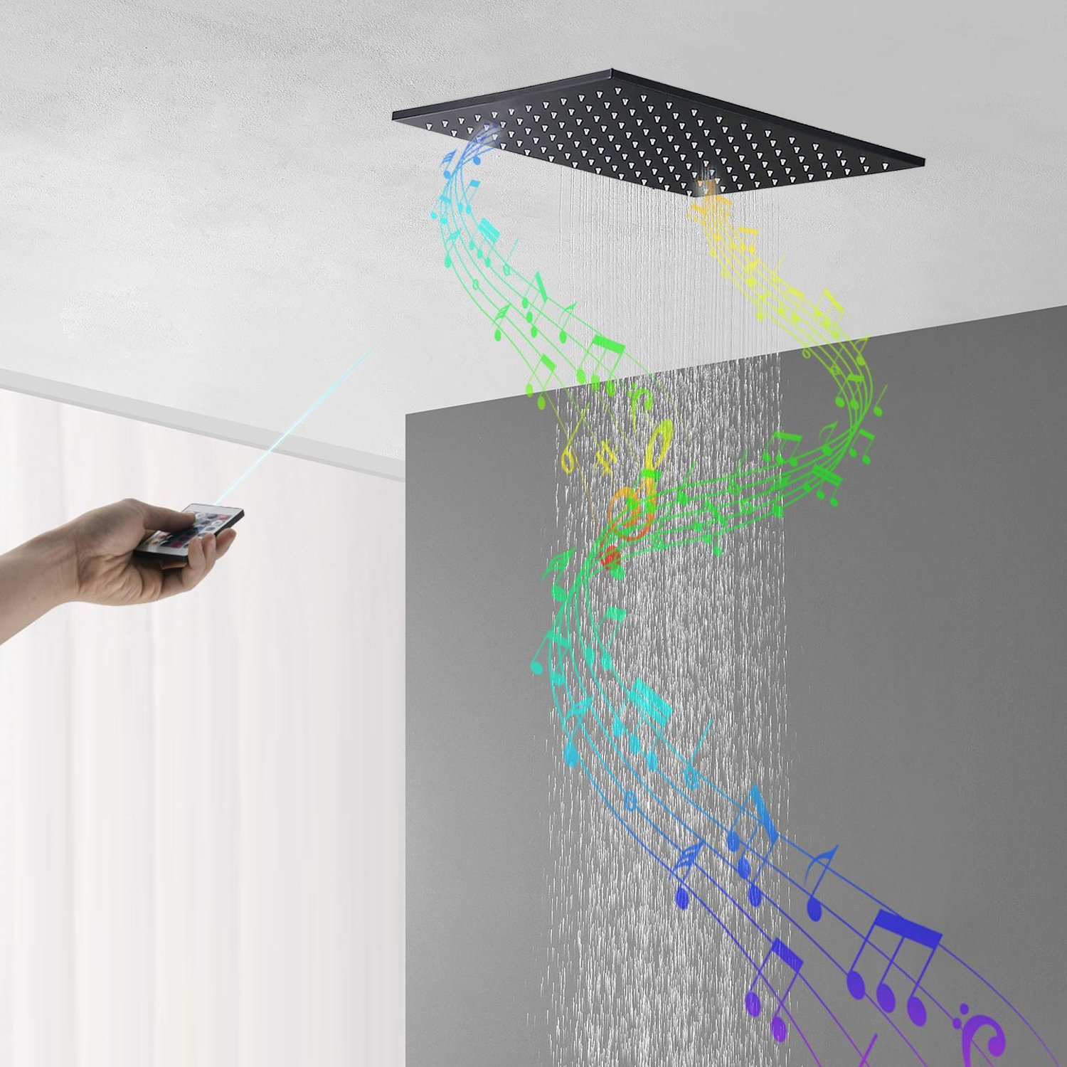 Remote Controlled 23*31" Matte Black Musical LED Shower System and 6 ...