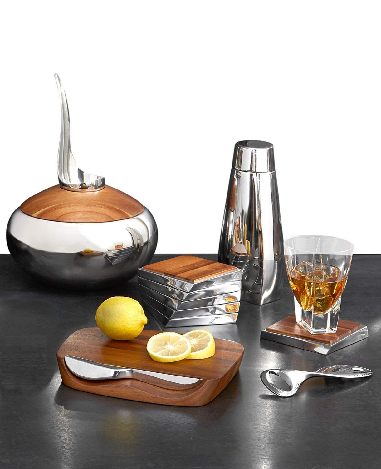 Nambe Scoop Ice Bucket with Alloy Metal Scoop & Acacia Wood Lid ...