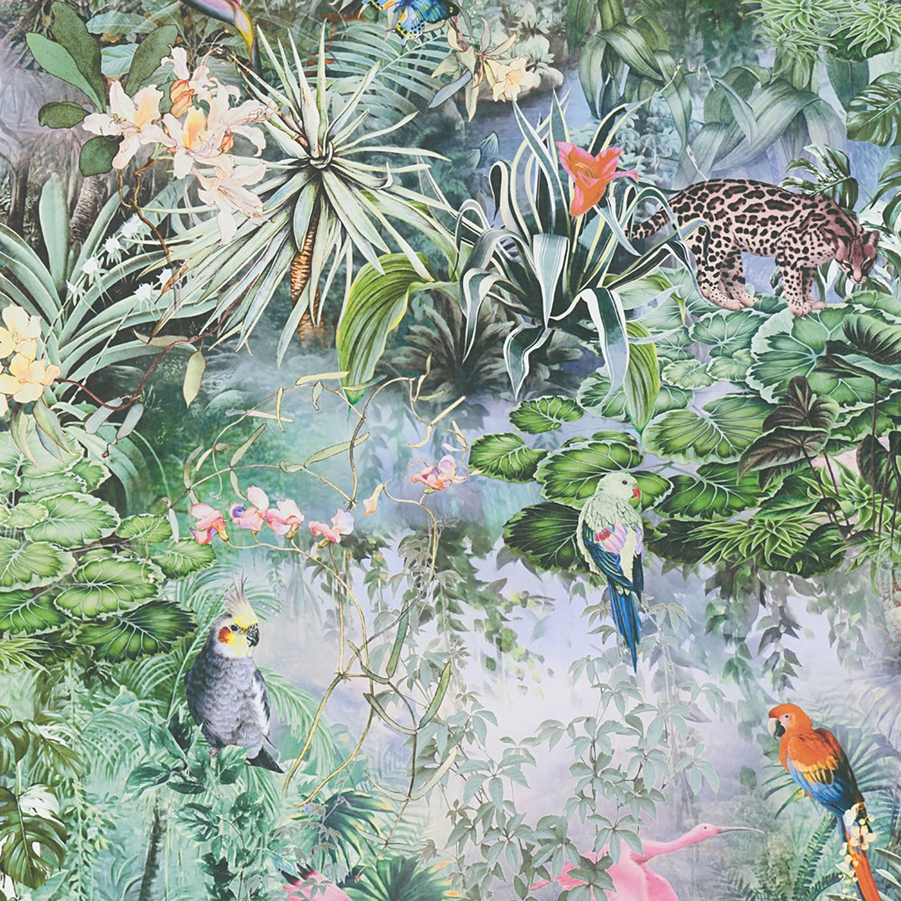 Cordian Sky Blue Rainforest Landscape Wallpaper, Swatch - Tropical ...