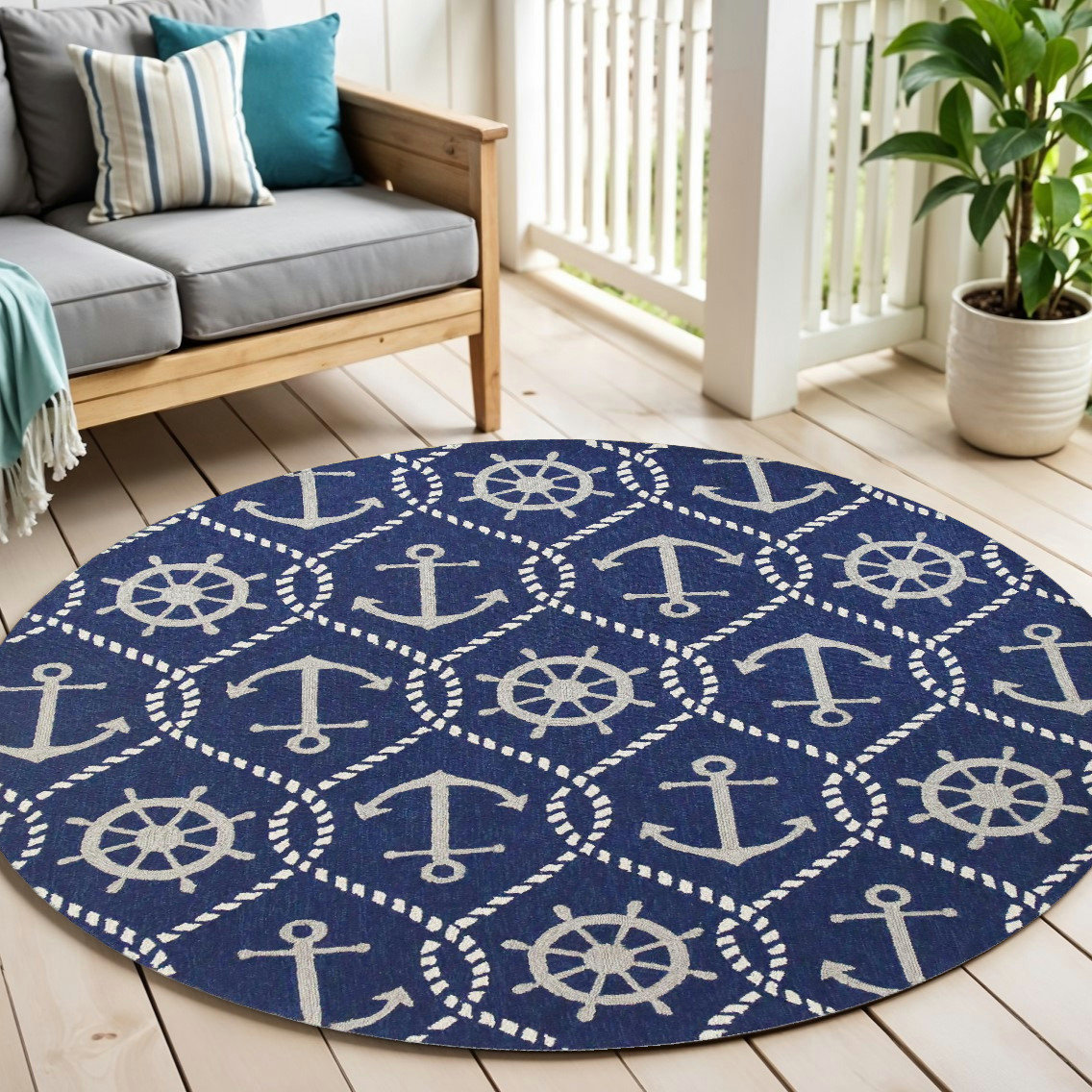 7' Navy Blue Round Nautical Handmade Indoor Outdoor Area Rug - Beach ...