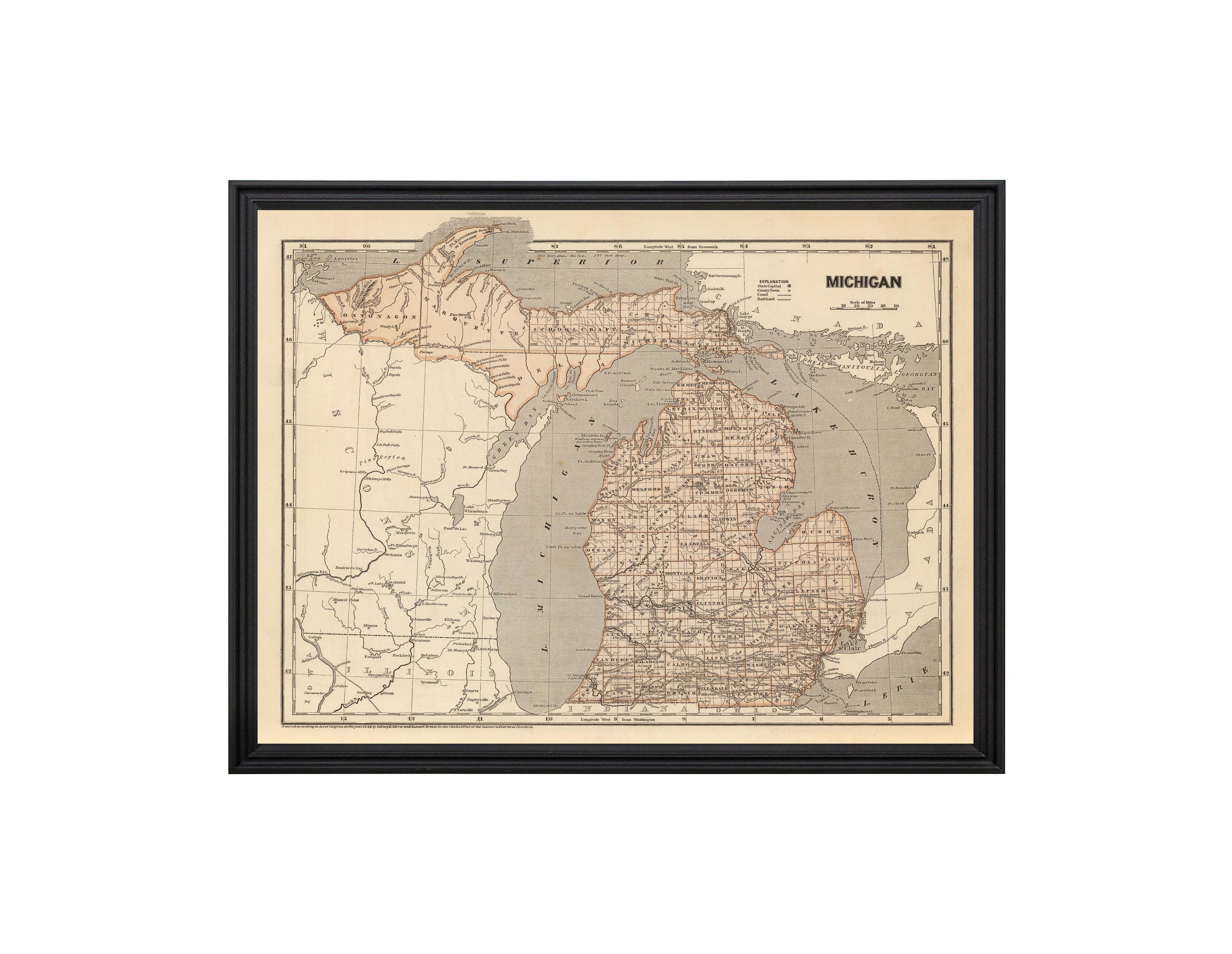 Michigan Map Framed Art 1842, Vintage Michigan Wall Decor, 36x24 ...