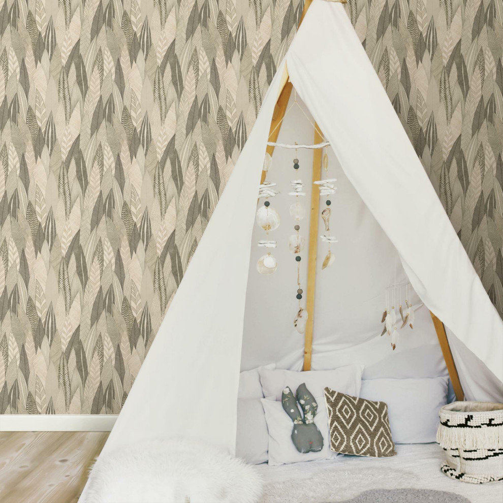 Tan & Brown Fern & Feathers Peel & Stick Wallpaper - Tropical ...