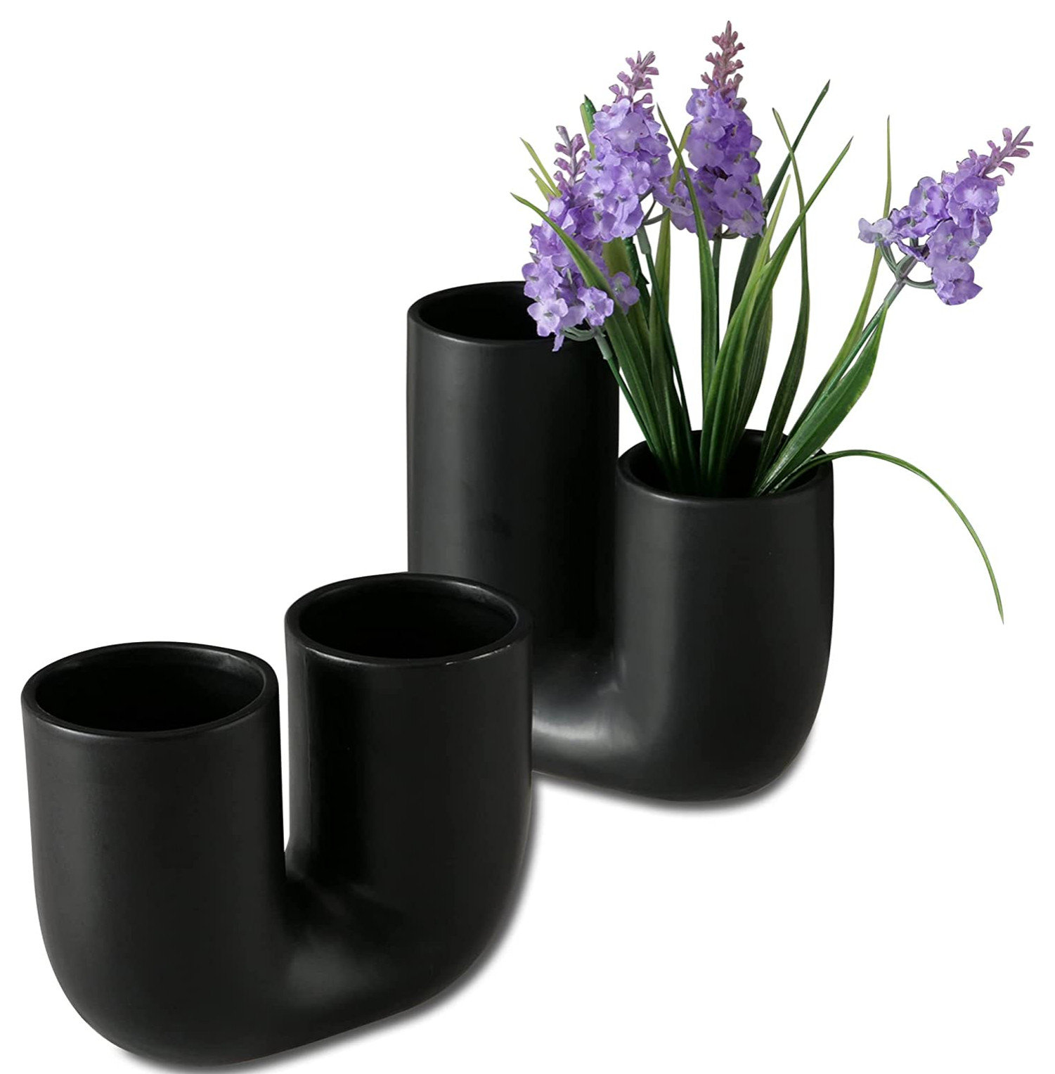Black Glazed Asymmetrical Tubular Vases, Set of 2 - Contemporary ...