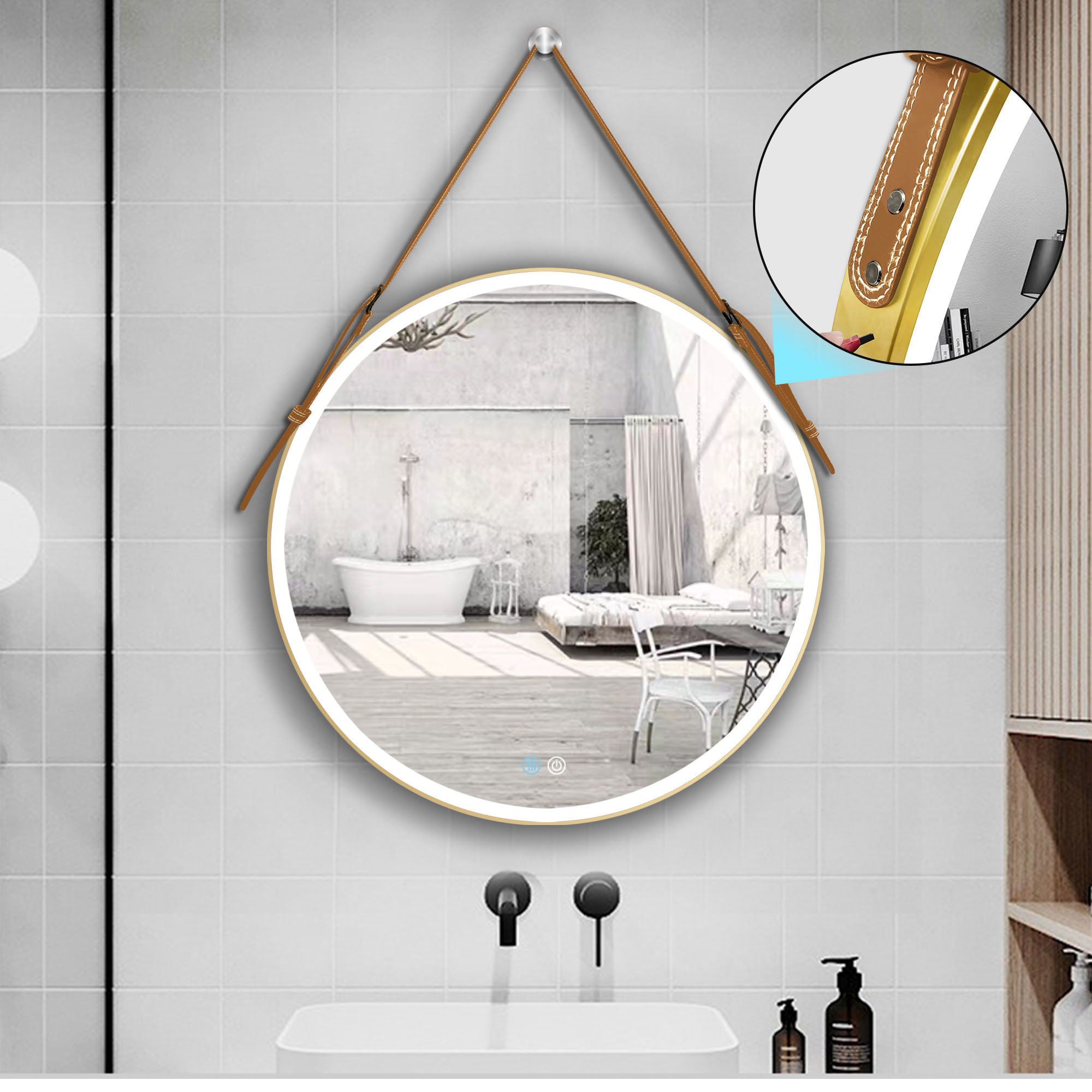 Round Framed Anti-Fog Dimmable Rope Hanging LED Bathroom Vanity Mirror ...