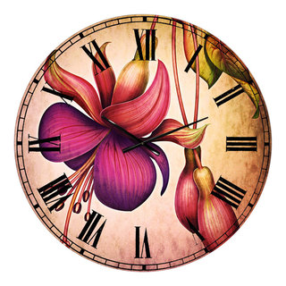 Fuchsia Flowers With Green Leaves Floral Large Metal Wall Clock, 36x36 ...