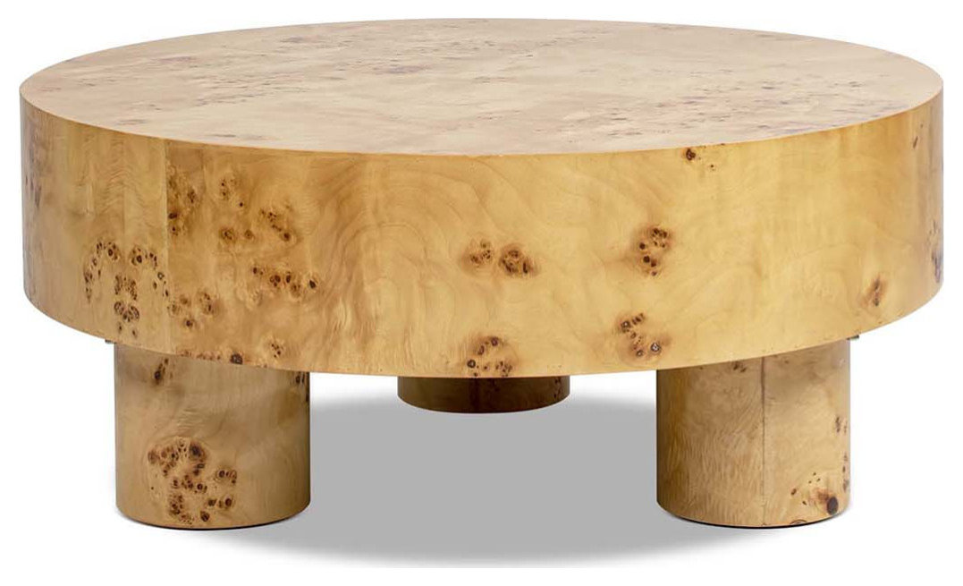 Nebula 35.5" Burl Wood Round Pillar Leg Coffee Table, Warm Natural ...
