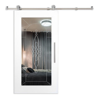 Mirrored White Painted Hardwood Sliding Barn Door with Design Mirror ...