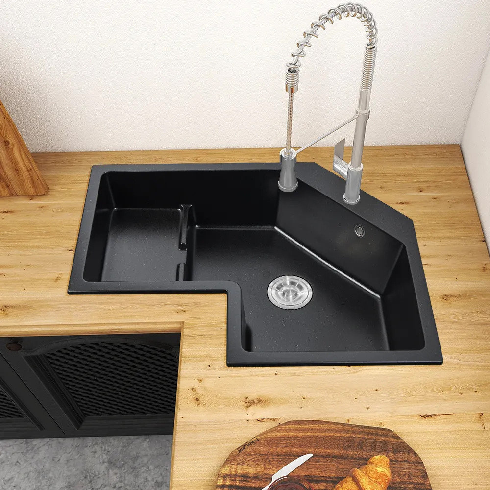 32" Modern Black Drop In Corner Kitchen Sink Single Bowl Quartz ...