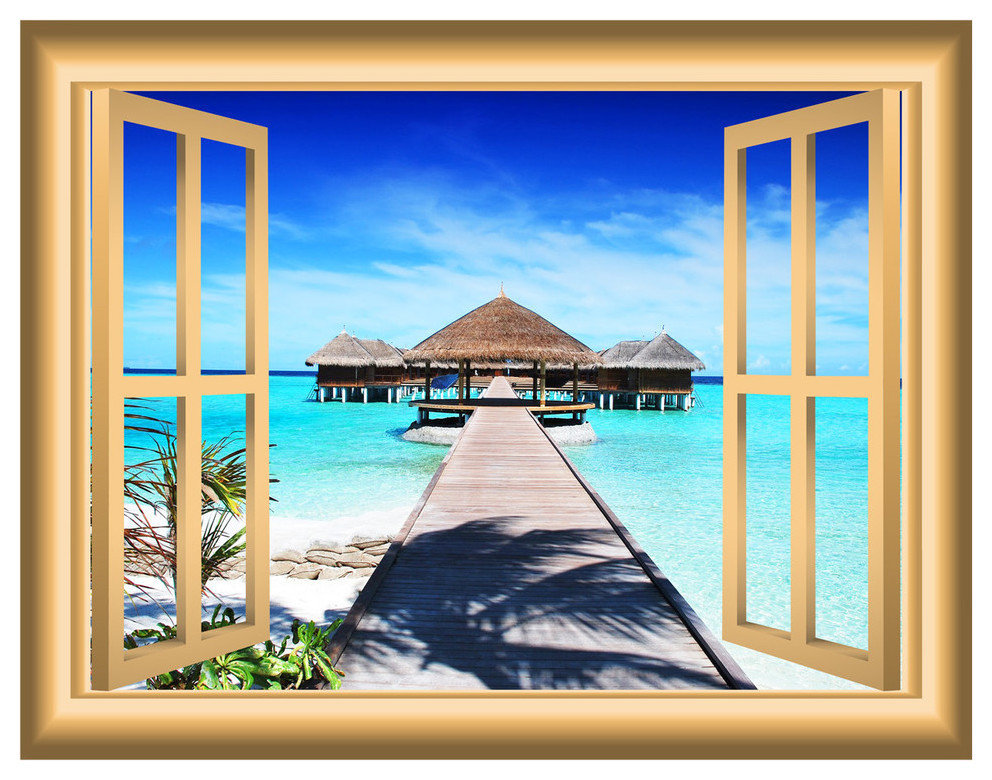 Beach Hut Decor Ocean Window Decal Peel and Stick Mural, 18"x22 ...