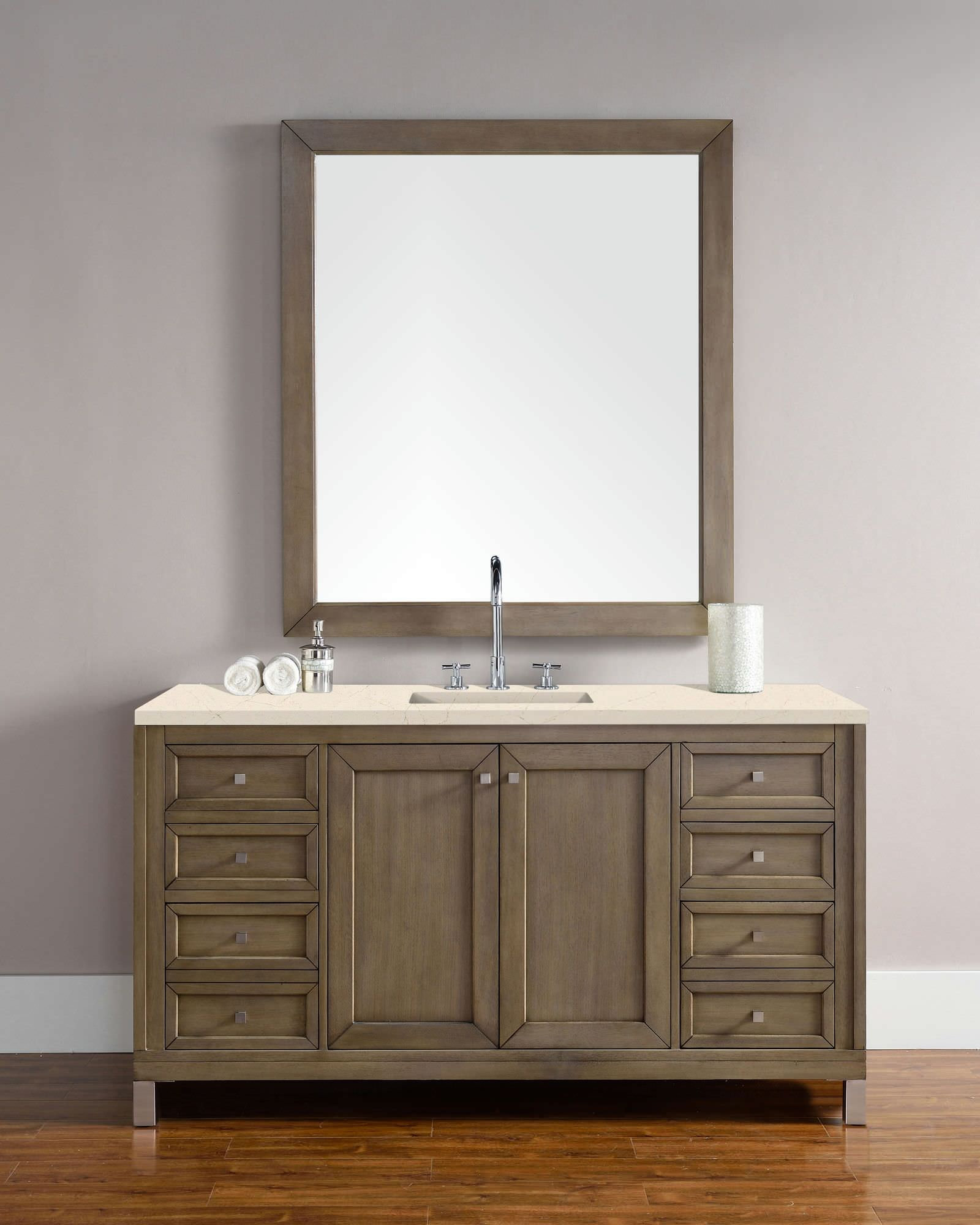 Chicago 60" Single Vanity, Whitewashed Walnut w/ 3 CM Eternal Marfil ...