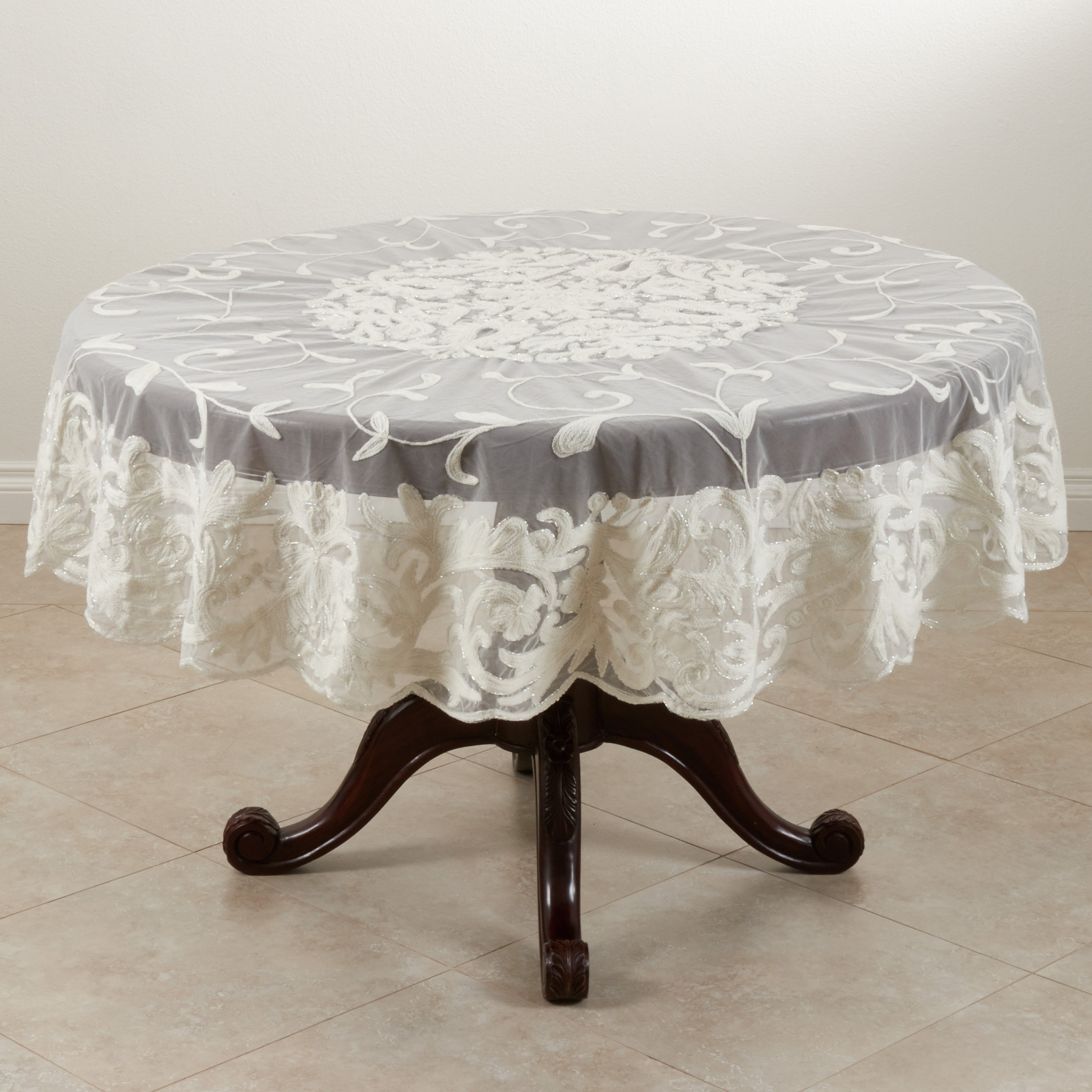 Beaded With Embroidery Sheer Scalloped Tablecloth, 72"x72 ...