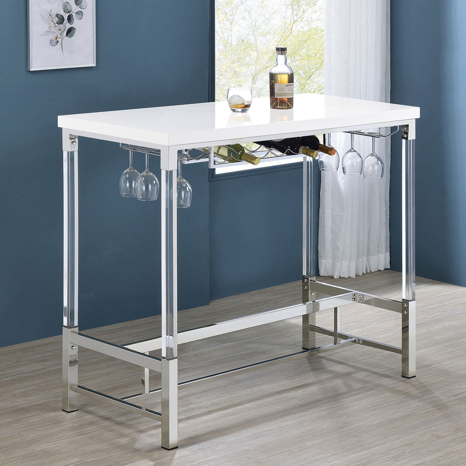 Rectangular Pub Height Bar Table With Storage, High Gloss White and ...