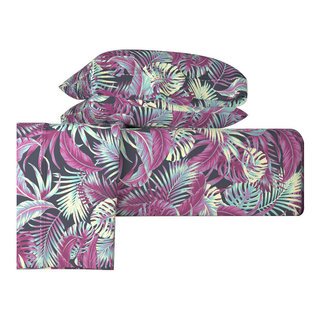 Jungle Floral Navy Tropical 4pc Cotton Sheet Set, Queen - Tropical ...