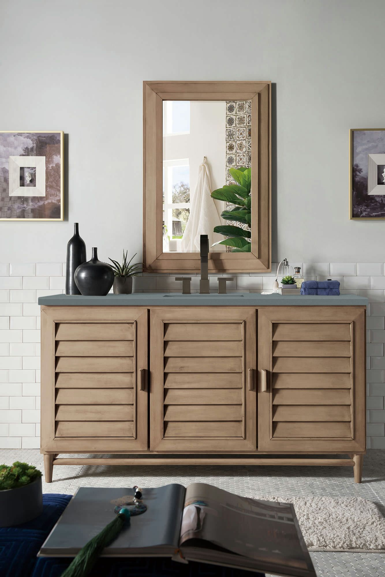 Portland 60" Single Vanity Whitewashed Walnut, w/ 3 CM Cala Blue Quartz ...