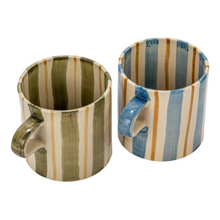 5 Inches Round Stoneware Mug With Stripes Designs, Multicolor, Set of 4 ...