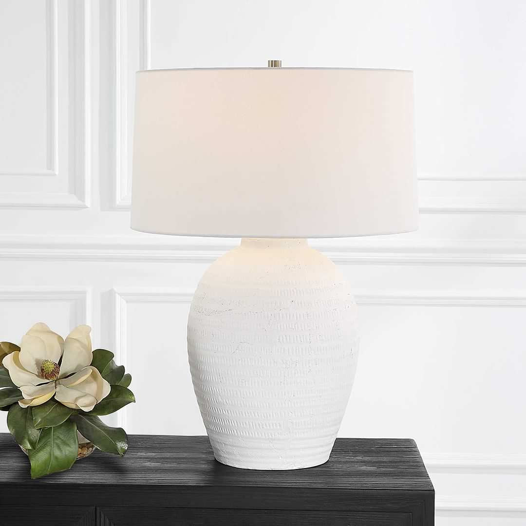 Classic Chalk White Carved Ceramic Table Lamp 29 in Matte Round ...