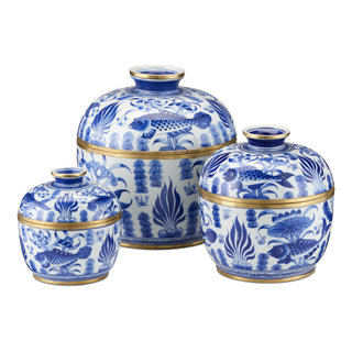 Blue & White Rice Tureen, 3-Piece Set - Asian - Decorative Jars And ...