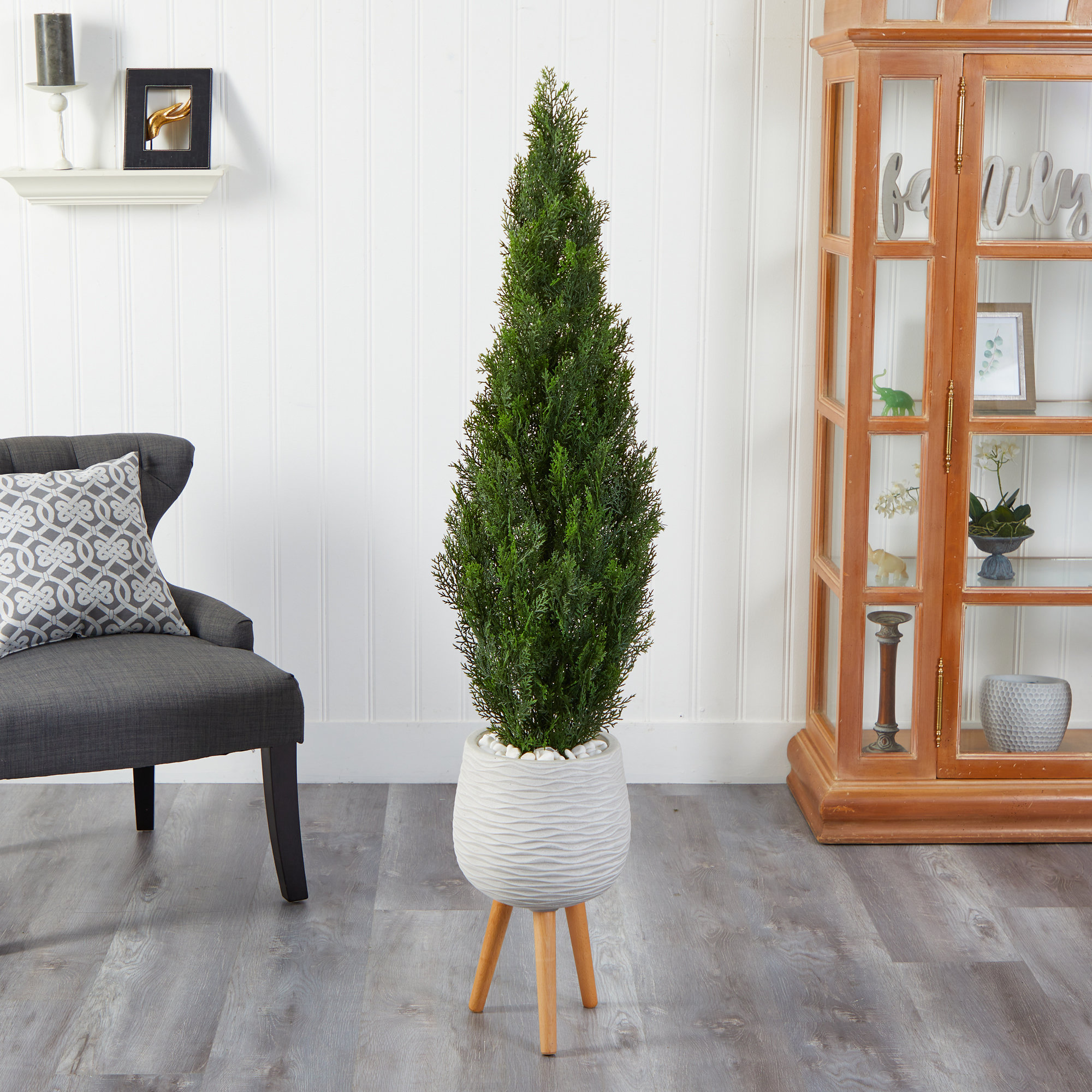 5' Cedar Artificial Tree, White Planter With Stand, Indoor/Outdoor ...