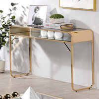 Gold U-Shaped Console Table with Glass Top, Center Shelf, and Rounded ...