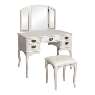 Benzara BM172786 Vanity Table With Multiple Drawers And A Stool, White ...