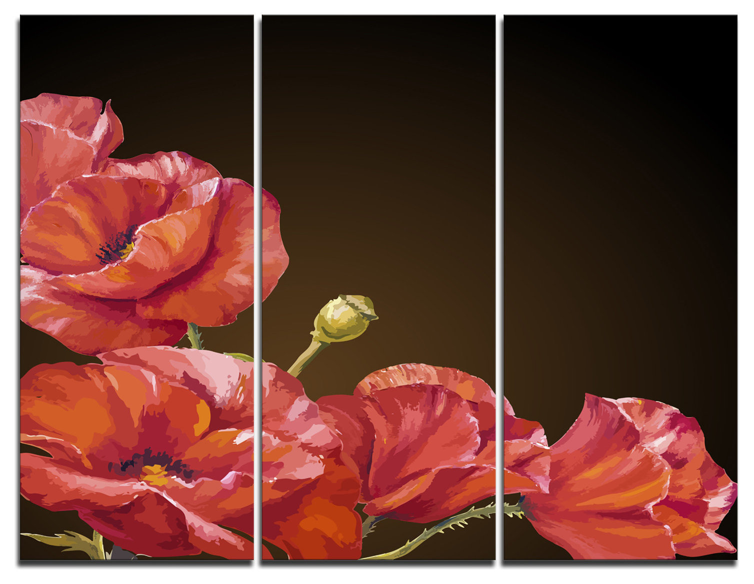 "Poppy Flowers Vector Art" Floral Canvas Artwork, 36"x28" 3 Panel ...