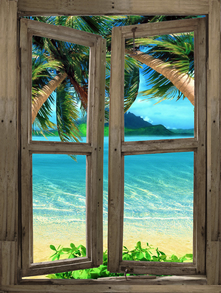 Beach Cabin Window Mural #7 One Piece Peel & Stick CANVAS Wall Mural ...