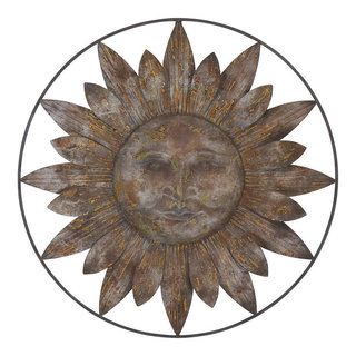 Large Black & Bronze Metal Sun Garden Decor, Hanging Outdoor Wall Decor ...