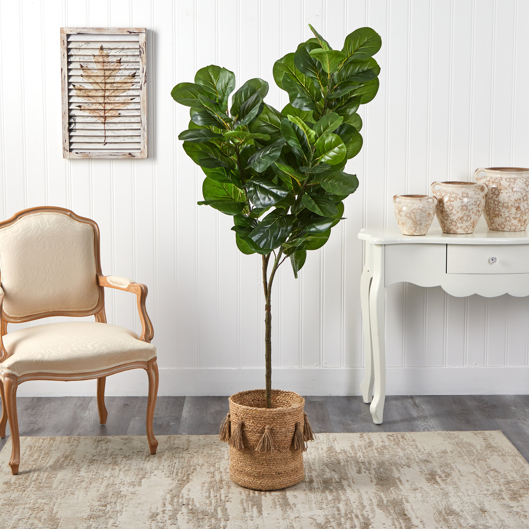 6' Fiddle Leaf Fig Artificial Tree, Handmade Natural Jute Planter With ...