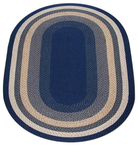 Light Blue, Dark Blue and Mustard Braided Rug, 5'x8' Oval - Farmhouse ...