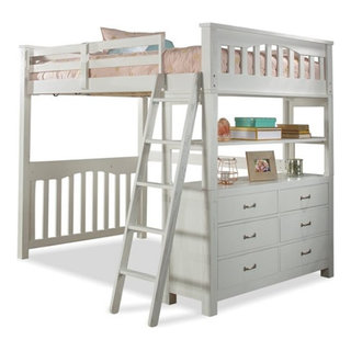 Highlands Full Loft Bed with Hanging Nightstand in White, Full ...