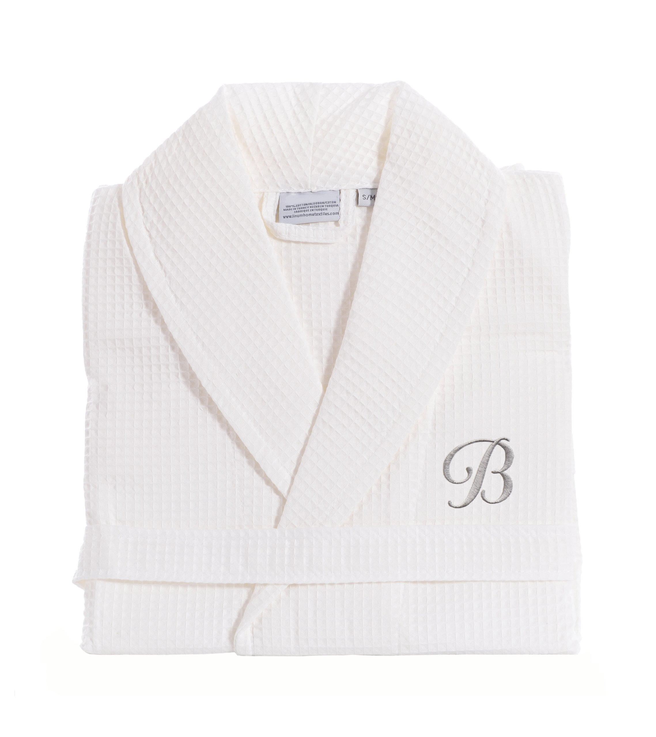 White Unisex Waffle Weave Monogram Bathrobe With Gray Font, Large ...