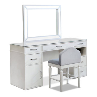 Contemporary Vanity Set, Cushioned Chair and LED Lighted Mirror, Glossy ...