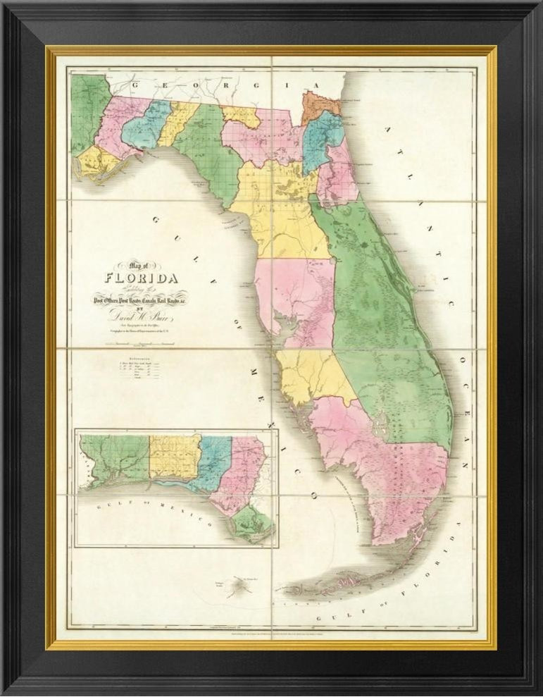 "Map of Florida, 1839" Framed Canvas Giclee by David H. Burr, 16x20 ...