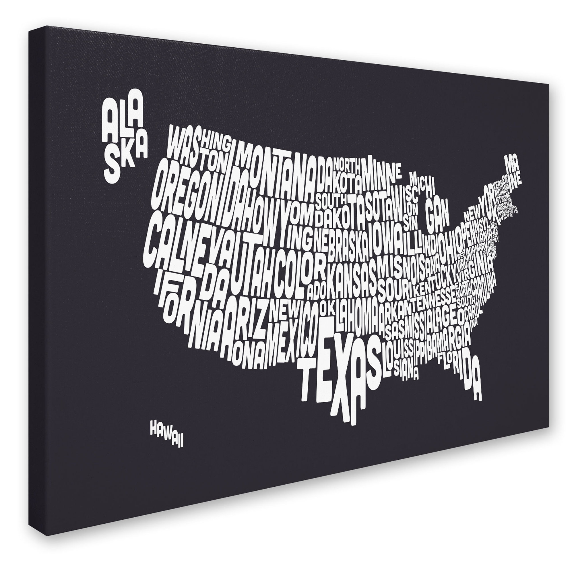 'USA States Text Map - Charcoal' Canvas Art by Michael Tompsett, 14" x ...