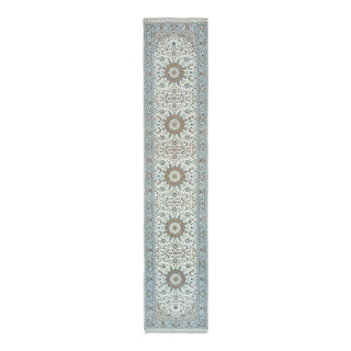 Powder White, Hand Knotted, Nain Design, 250 KPSI Wool Runner Rug, 2'8 ...