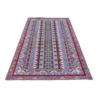 Vermilion Red Hand Knotted Afghan Super Kazak Shawl Design Wool Rug, 5 ...
